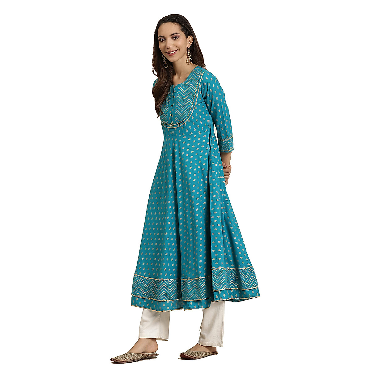 Yash Gallery Women's Cotton Blend Floral Print Anarkali Kurta (Blue)