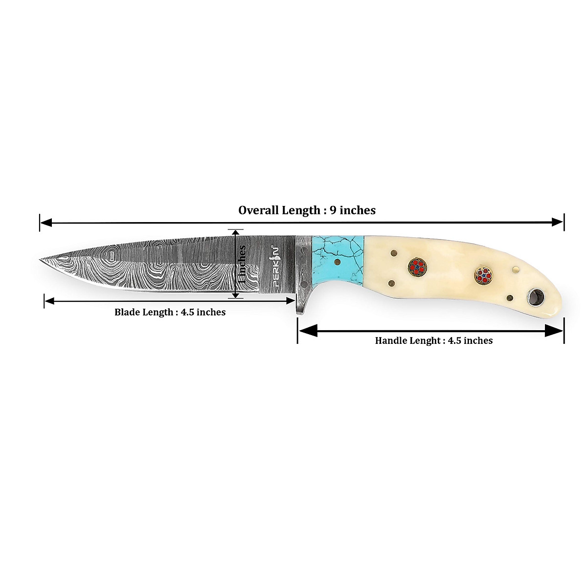 Perkin Handmade Damascus Steel Hunting Knife - Bone and Turquoise Handle -9 inches long