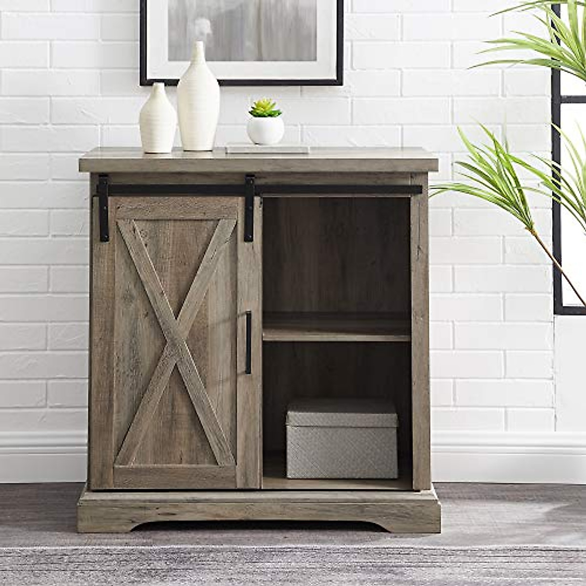 Walker Edison Abbey Modern Farmhouse Sliding X Barn Door Accent Console, 32 Inch, Grey Wash