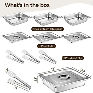 3 Pack Hotel Pans Half Size 2.5 inch Deep, Steam Table Pan with Lid and Tong, Stainless Steel Anti Jam Steam Table Pans, Commercial Catering Food Pan
