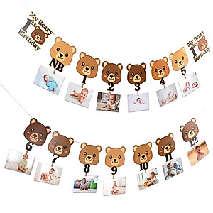 Beary First Birthday Party Banner Cute Bear Monthly Photo Banner for Newborn to 12 Months Photograph 1st Birthday Milestone Photo Banner Bear Photo Display Garland for Boys Girls First Birthday Party