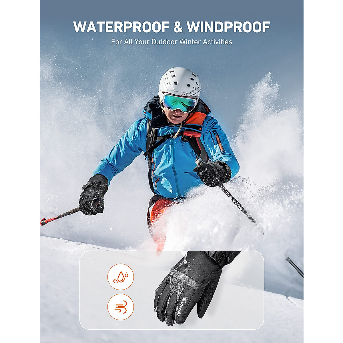 AstroAI 27 Inch Snow Brush and Detachable Ice Scraper Orange+AstroAI Waterproof Gloves Winter Gloves Men Snow Gloves