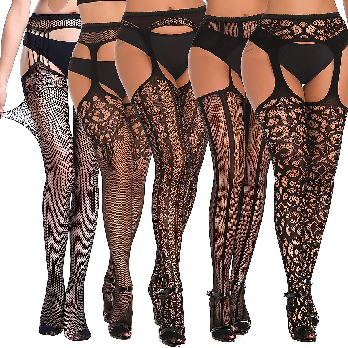 SOUTHRO 5 Pairs Black Thigh High Stockings Patterned Tights-Fishnet/Net,Garter Belts Set & Suspender Pantyhose for Women