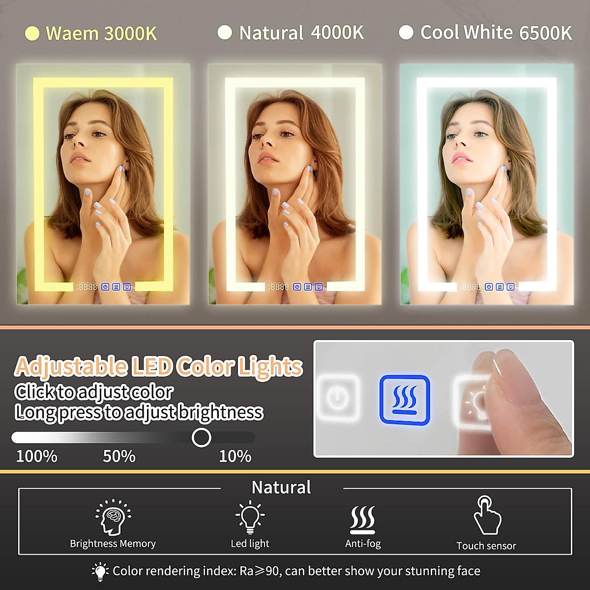 SIMEFUL Bathroom Medicine Cabinet with LED Mirror, 20"×28" Wall Mounted Mirror Cabinet with Adjustable Shelf, Anti-Fog, Memory Function, IP44 Waterproof, Dimmable 3 Colors