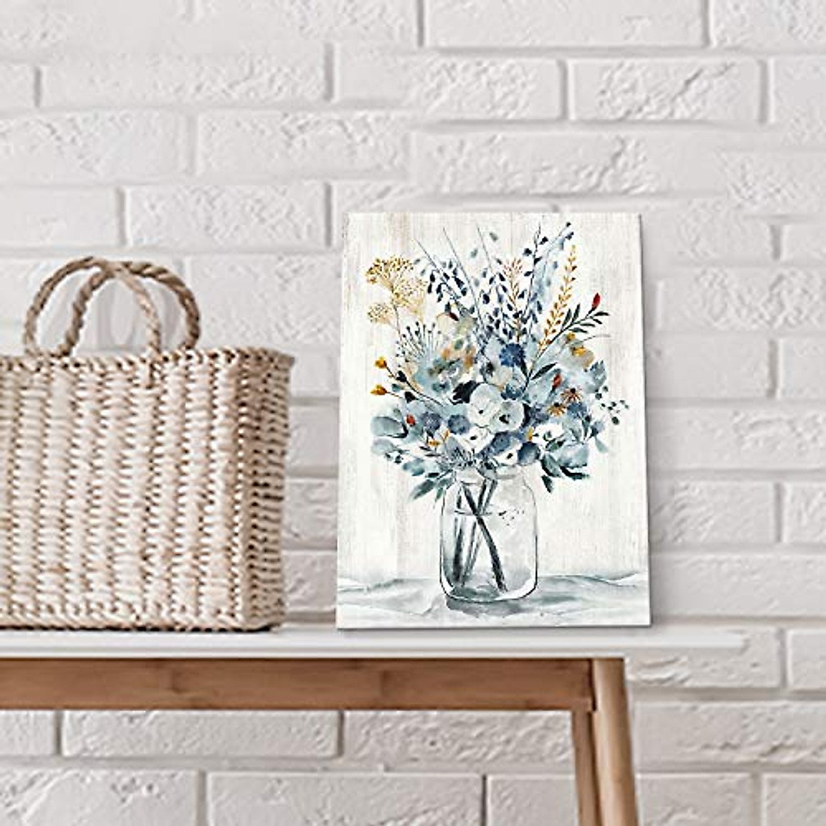 Abstract Flower Print Wall Art: Botanical Flower Bouquet in Crystal Vase Picture Picture on Wrapped Canvas for Dining Room (12" x 16" x 1 Panel)
