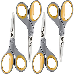 Westcott ‎17598 8-Inch Titanium Scissors For Office and Home, Yellow/Gray, 4 Pack