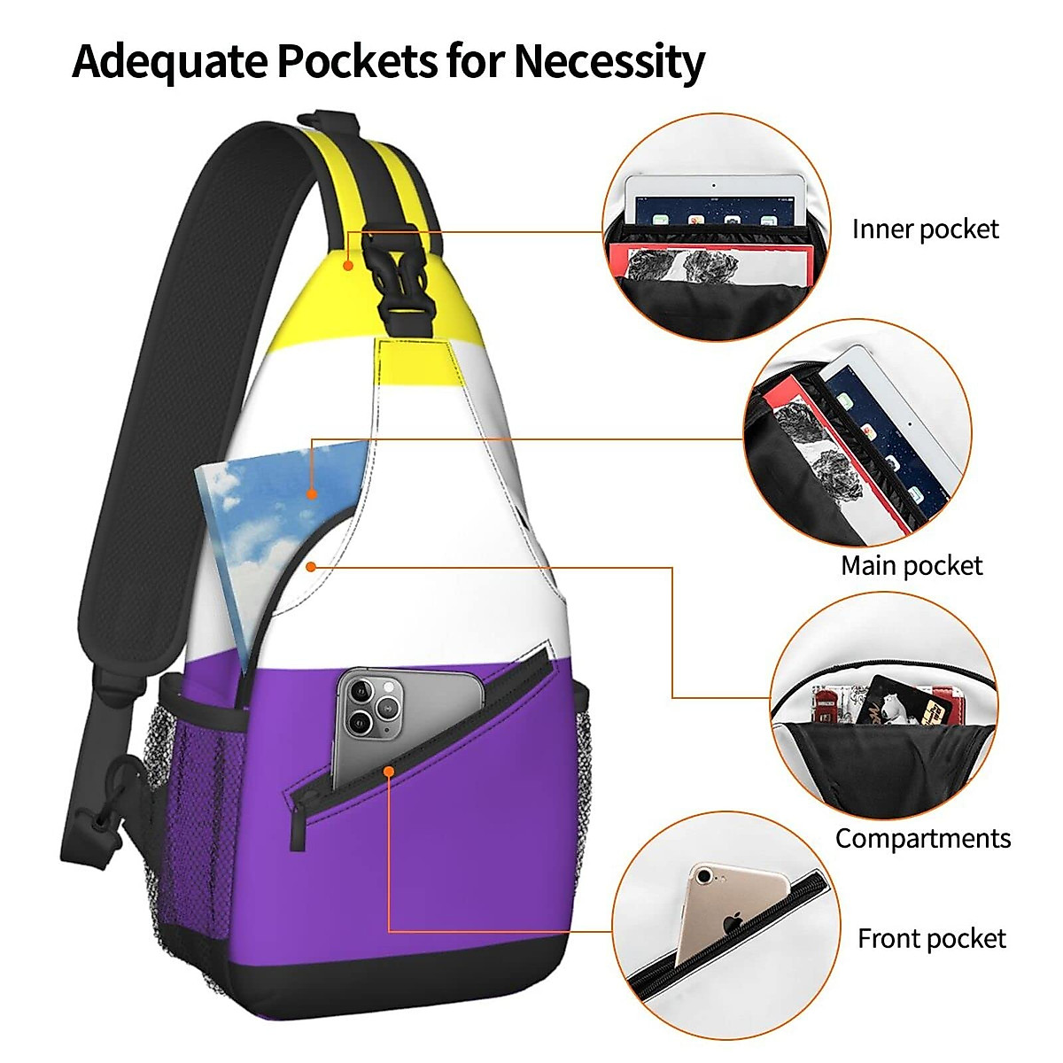 Hicyyu Non-Binary Pride Flag Outdoor Crossbody Shoulder Bag For Unisex Young Adult Hiking Sling Backpack