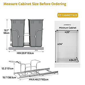 Double 32 Qt Pull-Out Trash Can Recycling Bin with Handle for 19.1" W x 24.8" D x 23.6" H Minimum Cabinets, Sliding Under Mount Kitchen Waste Garbage Container with Full-Extension Slides, Gray