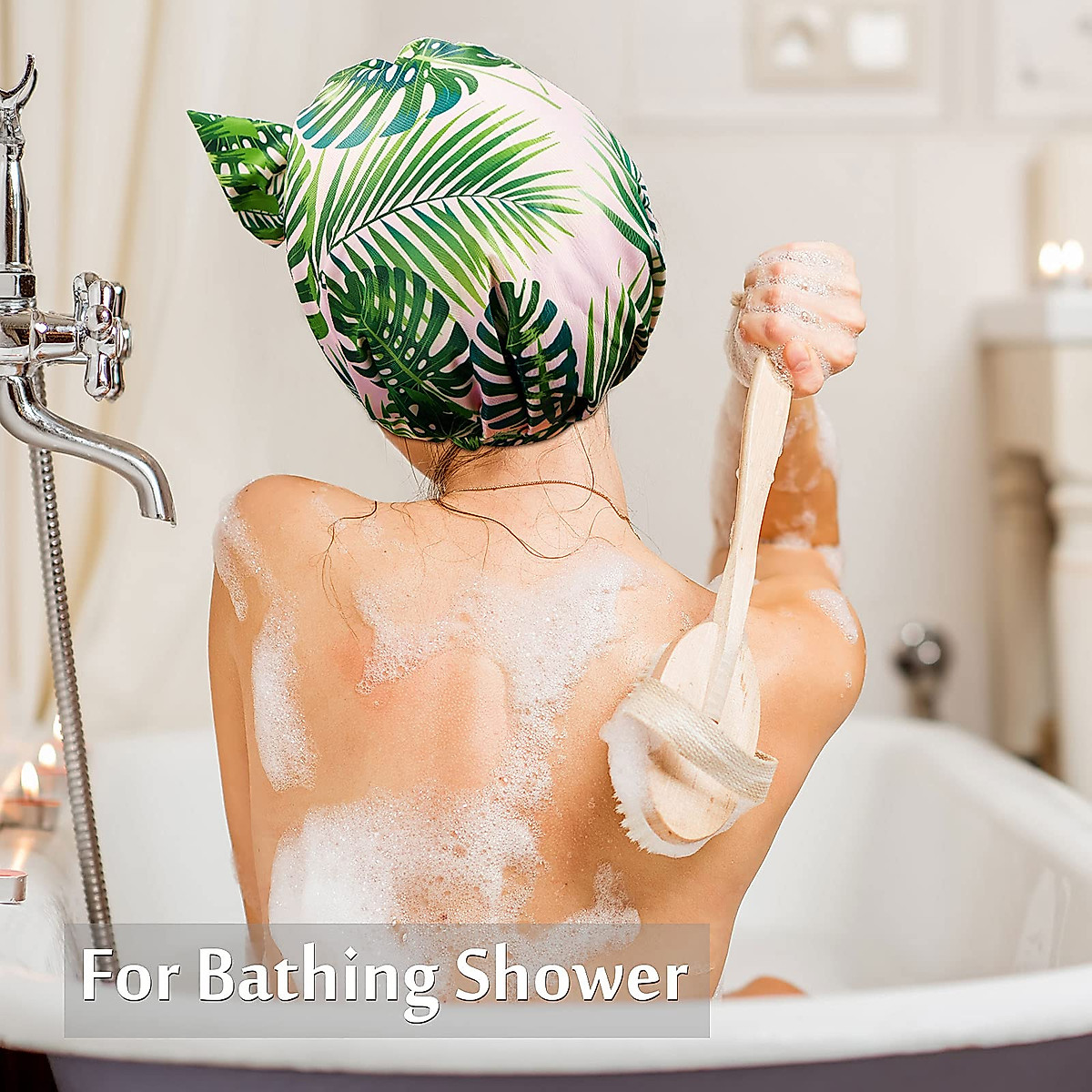 2 Pieces Shower Caps for Women, Waterproof Reusable Shower Hair Caps Elastic Hem Shower Bath Caps for Long, Short and Curly Hair for Women Girls (Palm Leaf and Stripe)