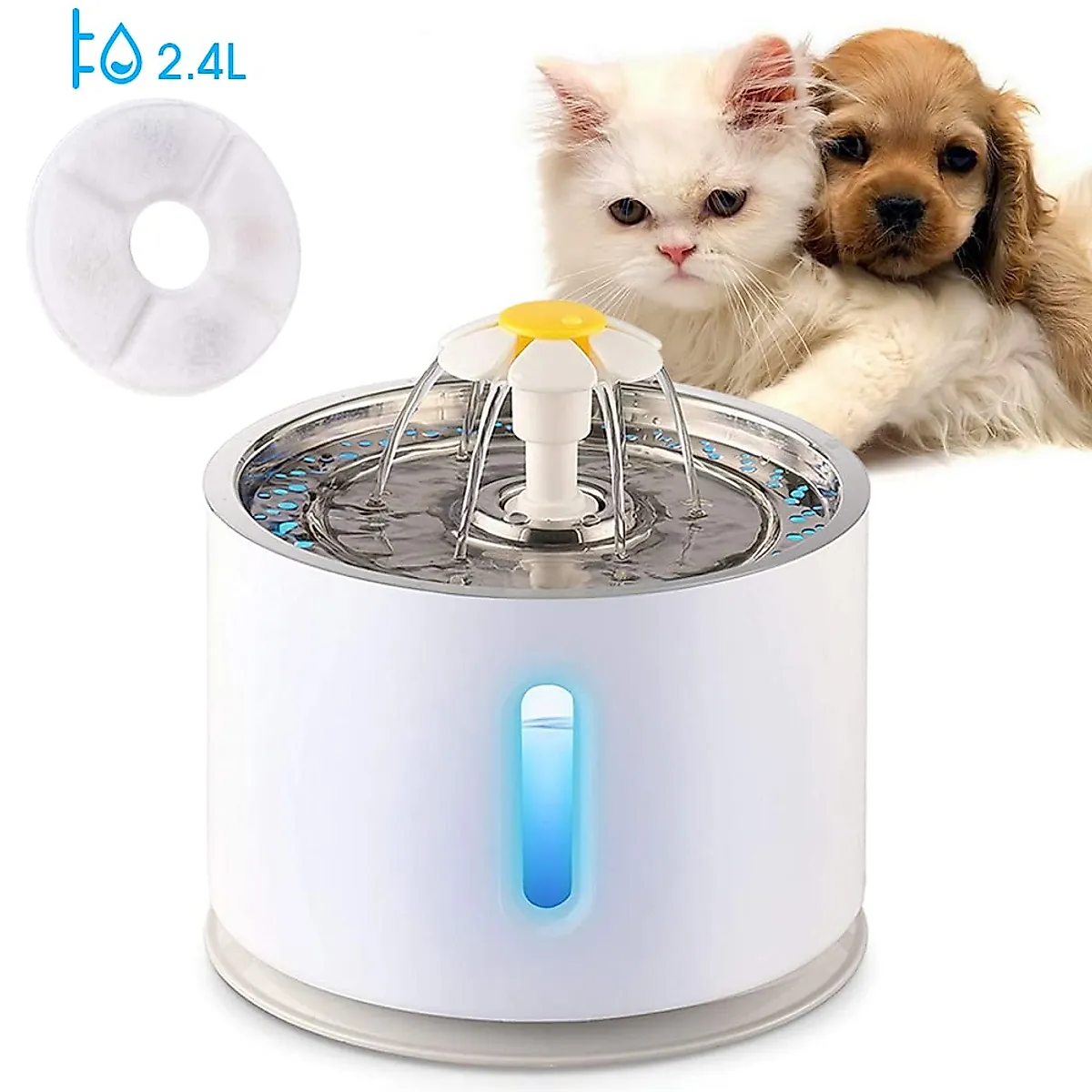 Beacon Pet Fountain, Cat Water Fountain 84oz/2.4L Automatic Dog Fountain Stainless Steel Pet Drinking Water Dispenser with LED Indicator for Cats, Dogs, Multiple Pets