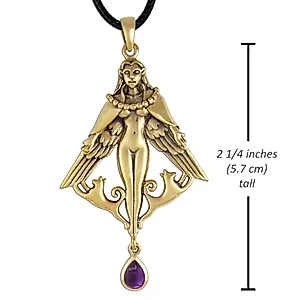 Dryad Design Bronze Freya Pendant with Natural Amethyst - Norse Goddess Freyja Jewelry 2 1/8 inches (5.4 cm)