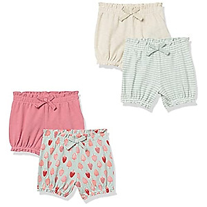 Amazon Essentials Baby Girls' Bloomer Shorts - Discontinued Colors, Pack of 4, Ecru/Mint Green Berry/Pink/Stripe, 12 Months