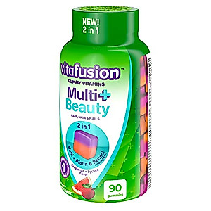 Vitafusion Multivitamin Plus Beauty – 2-in-1 Benefits – Adult Gummy with Hair, Skin & Nails Support (Biotin & Retinol – Vitamin A RAE) Daily, 90 Count