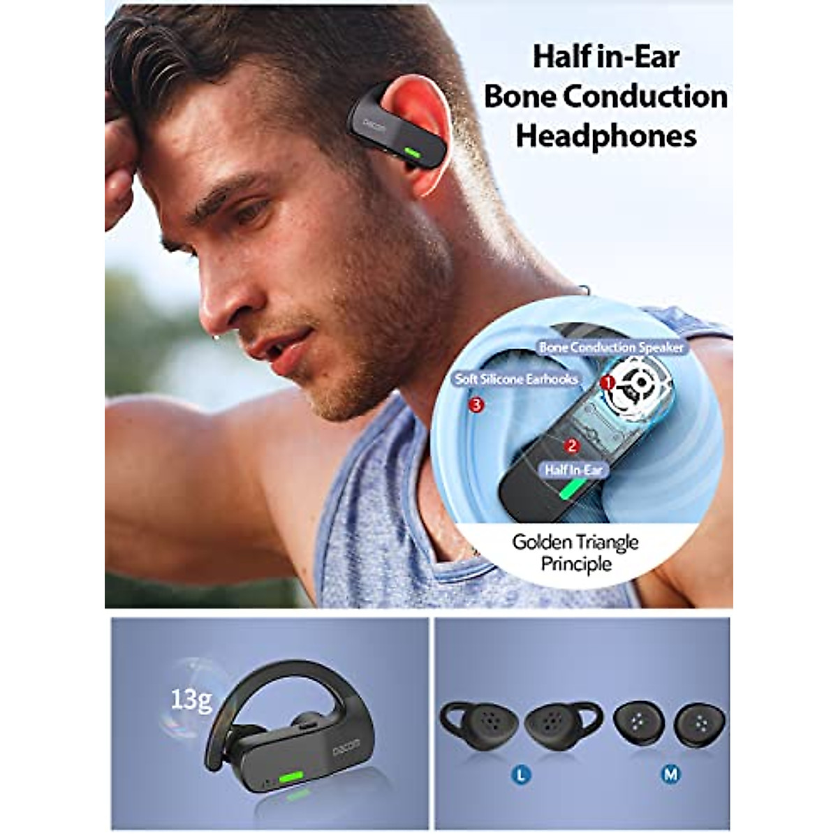 DACOM Bone Conduction Headphones Half in-Ear True Wireless Bluetooth Earbuds with Earhooks 26 Hrs Playtime with Charging Case Open Ear Sport Earphones with Mic Headset for Running Workout Black