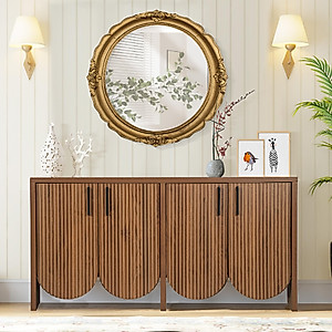 Fluted Buffet Sideboard Cabinet with Storage,Scandinavian 57.9” Storage Cabinet with Adjustable Shelves,Carved Arc Door Design Accent Buffet Cabinet for Living Room Dining Room (Walnut, 4 Door)