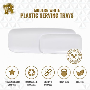 R-kay 4 Pack Plastic Serving Trays for Party - White Serving Tray 17 by 6.5 in - Heavy Duty Dessert Trays for Food - Rectangular Party Serving Trays - Premium Party Trays - White Platters
