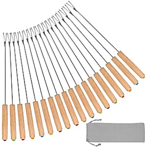 STYDDI Fondue Fork, 18Pcs Stainless Steel Color Coding Fondue Forks with Wooden Handle for Chocolate Fountain Cheese Fondue Roast Marshmallows, 9.5 Inch