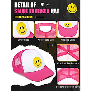 Cozypower 2 Pcs Smile Face Baseball Cap Smile Trucker Hat Mesh Adjustable Baseball Cap Retro Preppy Hats for Women(Rose Red, Black, White)