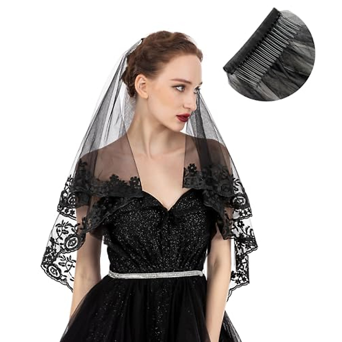 PAMOR Black Lace Veil Creative Mantilla Cathedral Tulle Sheer Wedding Halloween Veil for Bride With Comb