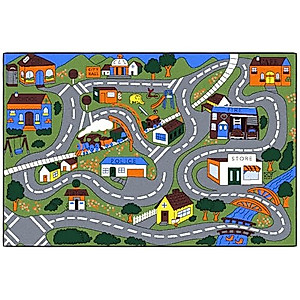 Ottomanson Jenny Collection Non-Slip Rubberback Educational Town Traffic Play Design 3x5 Kid's Area Rug, 3'3" x 5', Green/Multicolor