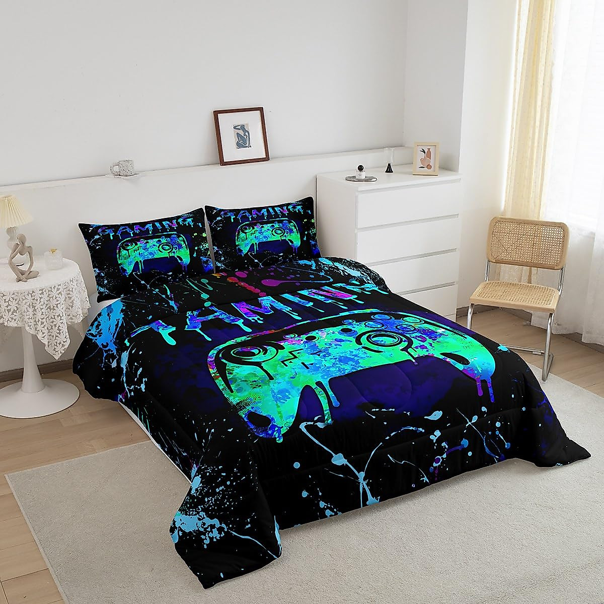 Erosebridal Twin Gamer Bedding Sets for Boys Gaming Comforter Sets for Boys Girls Teens Video Gamer Room Decor,Gamepad Controller Gamer Comforter Set Black Teal Blue Tie Dye Bed Set 2Pcs