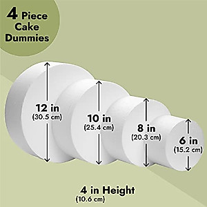 4-Piece Round Foam Cake Dummies for 16" Tall Fake Wedding Cake in 4 Sizes, for Decorating and Crafts, Baking Displays, Wedding Cake Design (6, 8, 10, and 12-Inch Sizes)