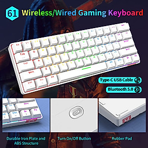 NACODEX STK61 2.4Ghz Wireless/Bluetooth/Wired 60% Mechanical Keyboard | 1000mAh Ultra Compact Rainbow Backlit Gaming Keyboard Wired Programmable for Win/Mac/PC Gamer