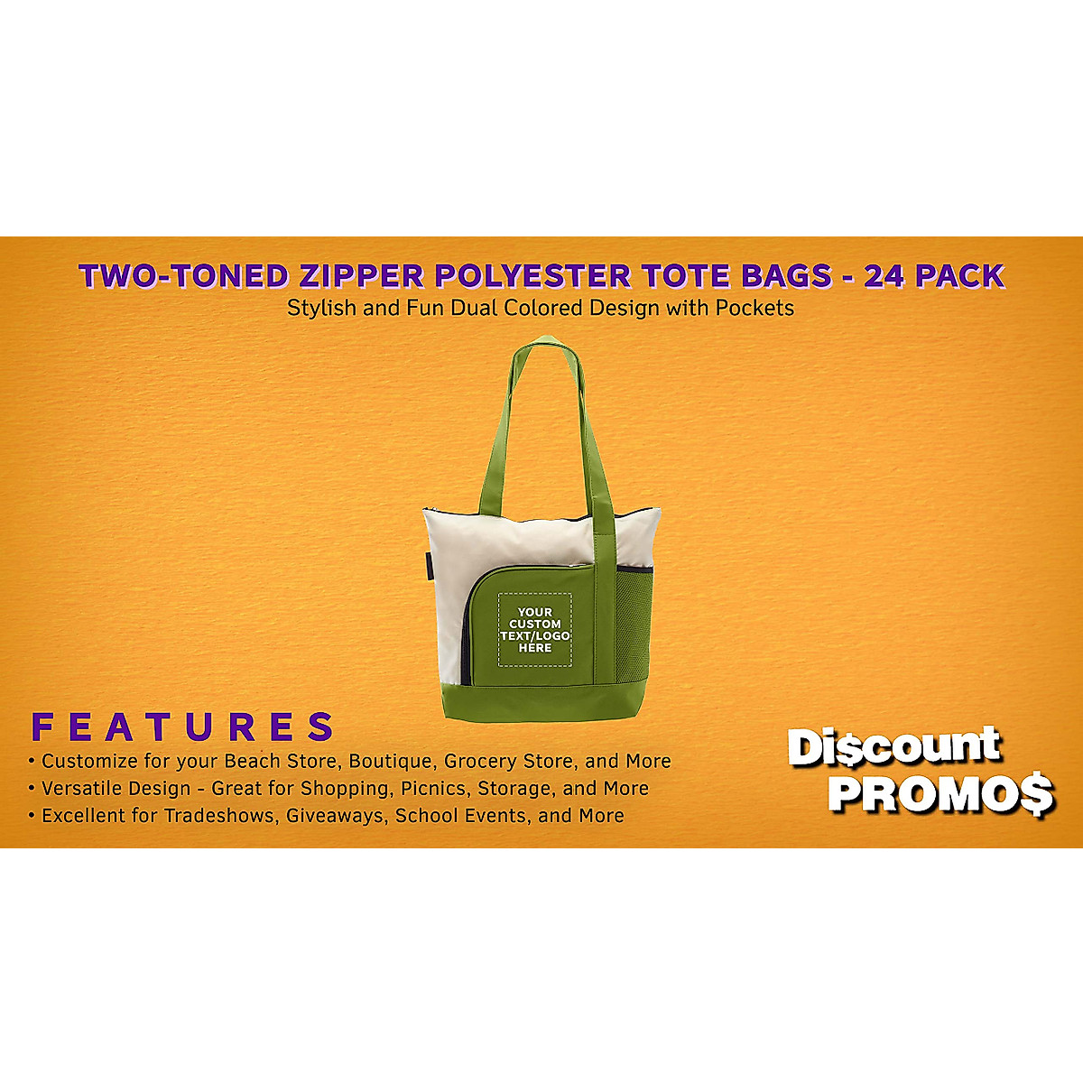 24 Zipper Polyester Tote Bags Set - Customizable Text, Logo - Two-tone, Zipper Closure, Pen Loop - Lime Green