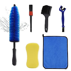 JFG RACING Bike & Motorcycle Cleaning Brush Kit 6 Pack,Detailing Kit,Stiff Tire Brush,Detailing Brush,Cleaning Sponge,Chain Brush,Microfiber Towel for Mudguard,Rims,Paint,Exhaust,Frame Clean, Blue