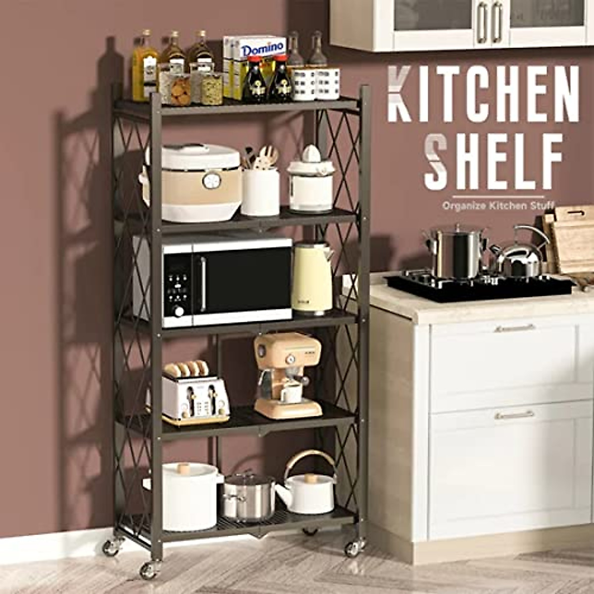 5-Tier Storage Shelving Unit, 28.03"x12.2"x62.5" Heavy Duty Metal Shelf, Foldable Storage Shelf with Wheels, Garage Shelf, Metal Storage Rack, Kitchen Shelf, 1250lbs Capacity