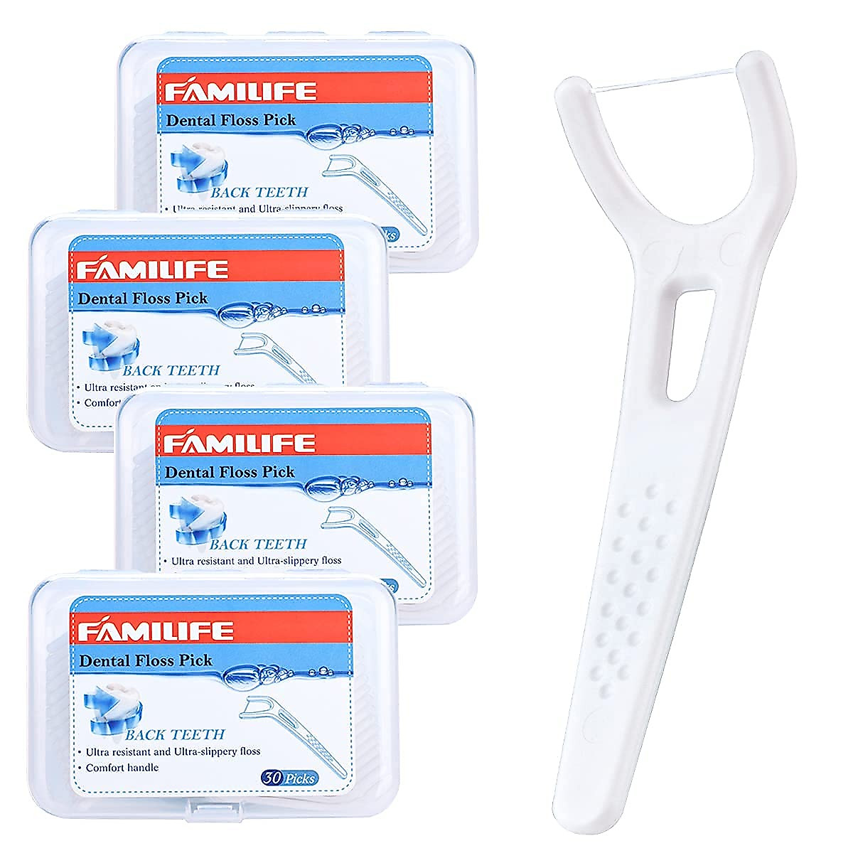 FAMILIFE Kid's Dental Floss Picks Without Fluoride,4 Travel Handy Cases Unflavored Flosser 120 Picks and Back Teeth Toothpicks Flossing Flossers Threaders Sticks with 4 Travel Handy Cases 120 Count