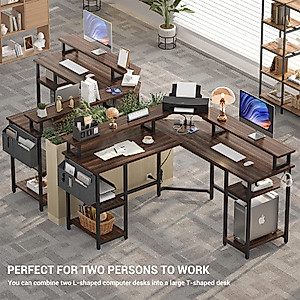 Aheaplus L-Shaped Gaming Desk with Power Outlets & LED Lights, L-Shape Computer Corner Desk with Monitor Stand and Storage Shelf, Home Office Desk with Storage Bag, Espresso