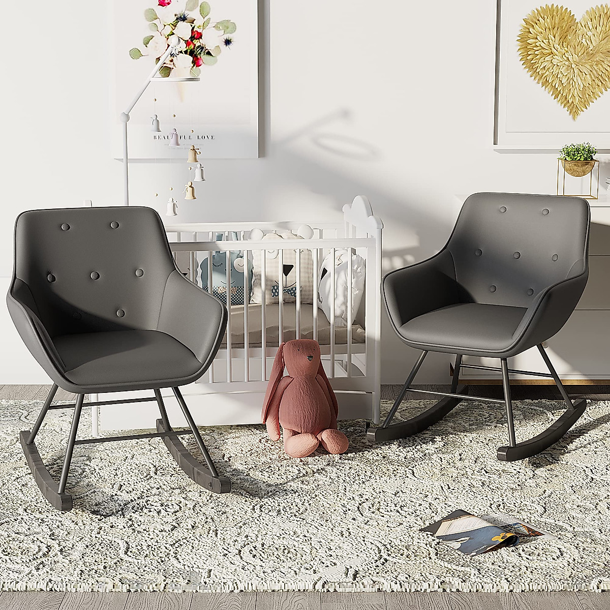 WENTMENT Rocking Chairs Nursery Set of 2, Curved Backrest Rocking Accent Chairs with Solid Wood Base Upholstered Glider Rocker for Living Room Bedroom Baby Room (Grey)