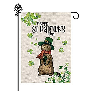 St Patricks Day Garden Flag Shamrocks Cat Vertical Double Sided Burlap Flag Happy St. Patrick's Day Holiday Farmhouse Yard Outdoor Decor 12.5 x 18 Inch