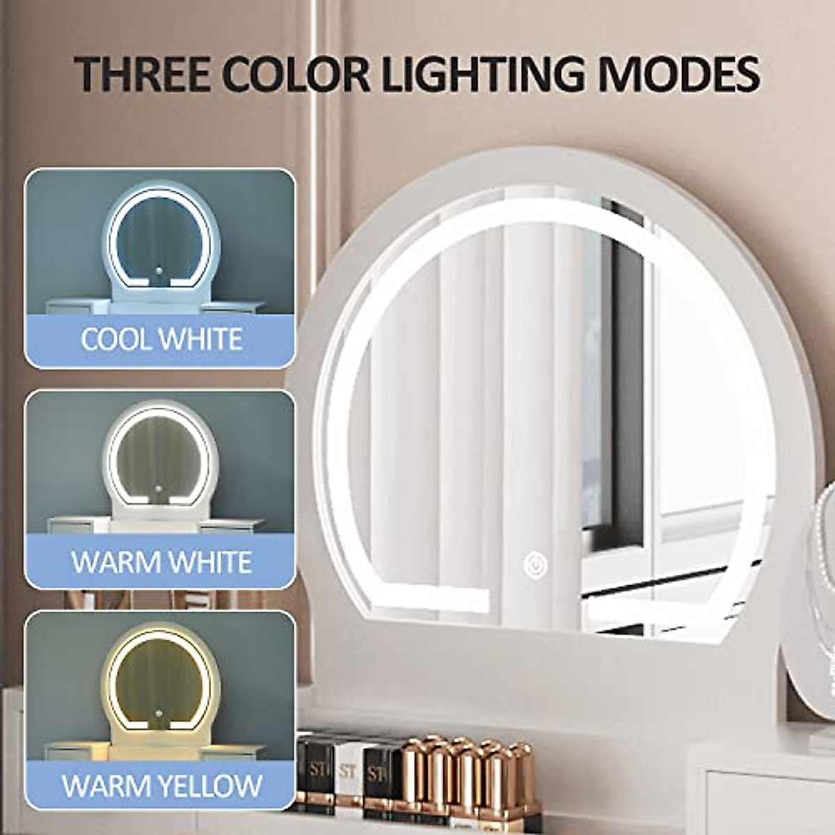 Fameill Makeup Vanity Desk with Lighted Mirror,White Vanity Table Set with Round Mirror,3 Color Touch Screen Dimming Mirror,7 Drawers Bedroom Dressing Table with Soft Cushioned Stool
