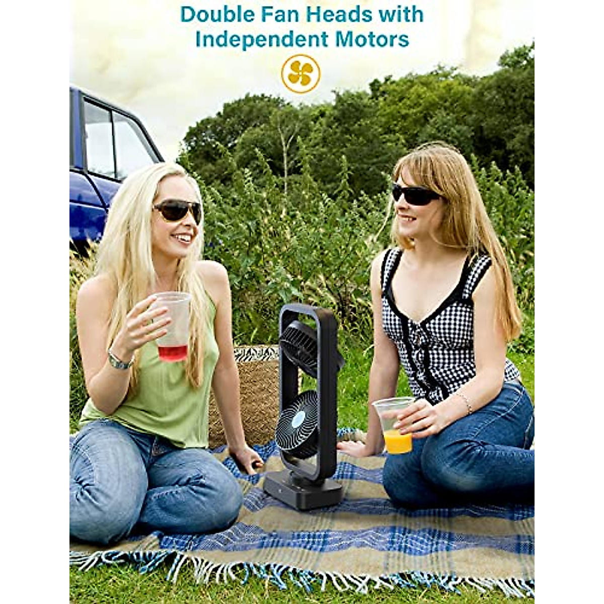 16 Inch Desk Fan, 5000mAh Battery Operated Fan ,Oscillation Tower Fan with Remote, Portable Rechargeable Table Fan with 2 Fan Heads, 270° Oscillation Personal Fan for Bedroom Office Camping Travel