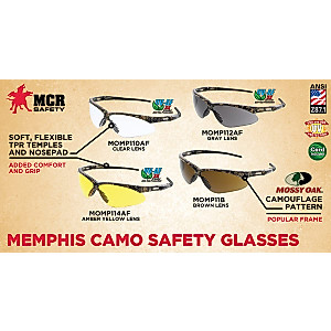 MCR Safety Memphis Series MOMP110AF Safety Glasses, Eye Protection, Mossy Oak Frame, Clear UV-AF Anti-Fog Lens