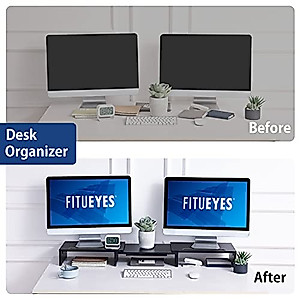 FITUEYES Dual Monitor Stand – 3 Shelf Computer Monitor Riser, Wood Desktop Stand with Adjustable Length and Angle, Desk Accessories, Office Supplies Light Black,DT111101WB
