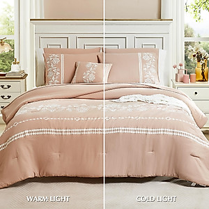 MAIREVE Blush Pink Comforter Set Queen 7 Piece with Deco Pillow, Farmhouse Floral Embroidery Comforter Set Queen Size, All Season Bed in A Bag Queen Size, Bedding Set 7 Pieces 90"x90"(Pink, Queen)
