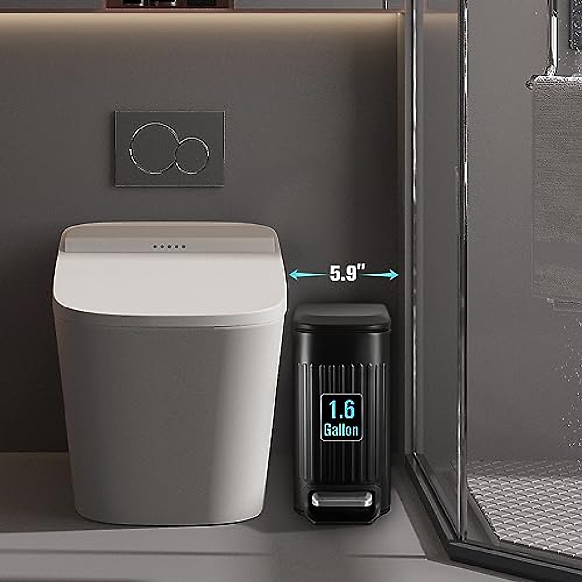 TrashAid Small Black Bathroom Trash Can with Lid Soft Close, 6 Liter / 1.6 Gallon, Stainless Steel Garbage Can with Removable Inner Bucket, Step Pedal, Slim Wastebasket for Toilet, Office, Bedroom