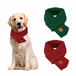 SlowTon Dog Knitted Scarf, 2 Pack Dog Warm Bandanas, Christmas Winter Holiday Decoration Scarf for Small Medium Large Dogs (Red, Green)