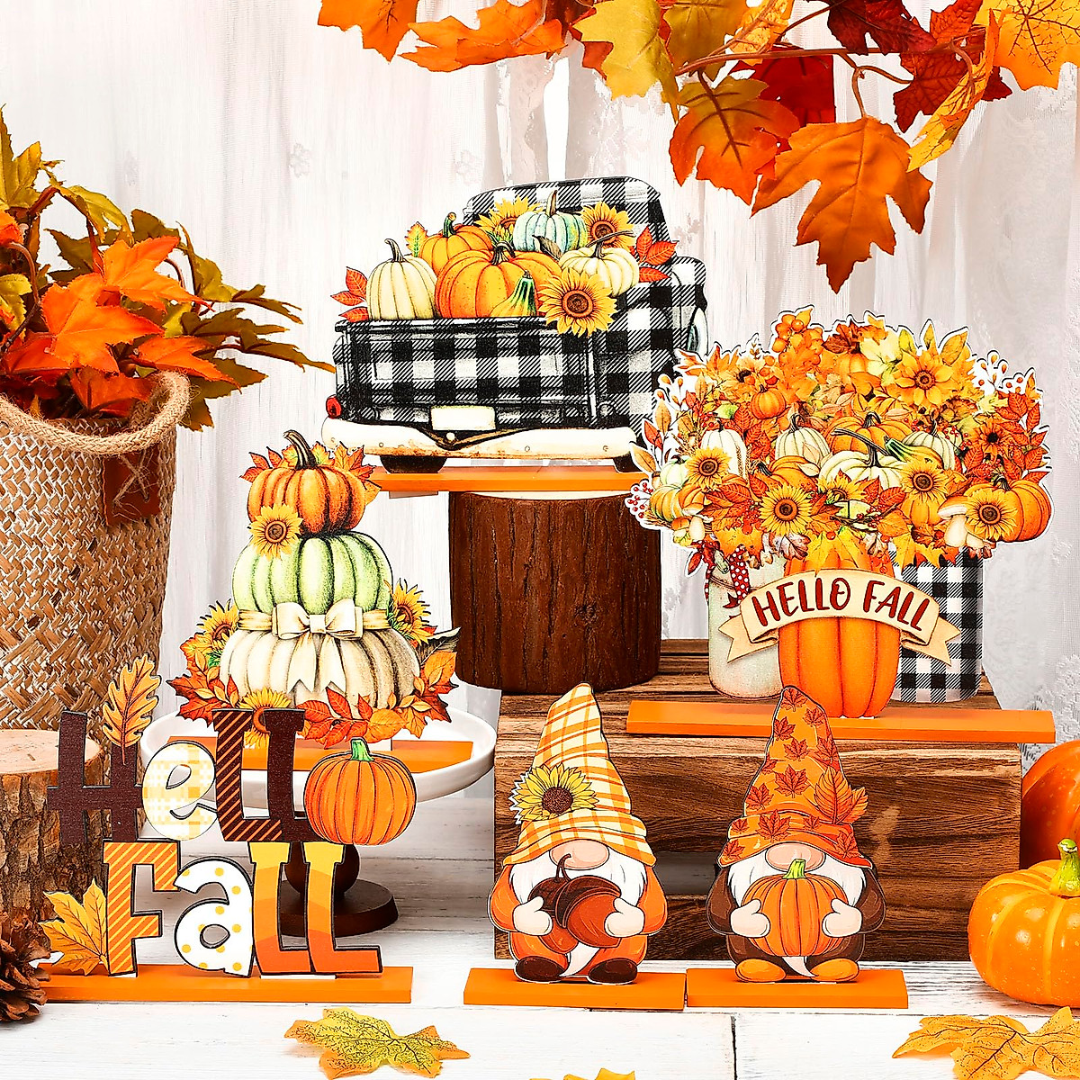Barydat 6 Pcs Thanksgiving Wooden Table Decorations Fall Harvest Table Centerpieces Autumn Gnomes Pumpkin Truck Turkey Wood Signs Farmhouse Tiered Tray Decor for Home Party Decor(Stylish Style)