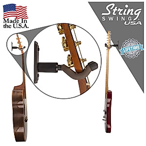 String Swing Guitar Hanger - Holder for Electric Acoustic and Bass Guitars - Stand Accessories Home or Studio Wall - Musical Instruments Safe without Hard Cases - Black Heavy Duty Steel BCC11K 2-Pack