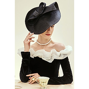BABEYOND Tea Party Fascinator Kentucky Hat Women’s Fascinator Derby Straw Pillbox Hat for Cocktail Wedding Black