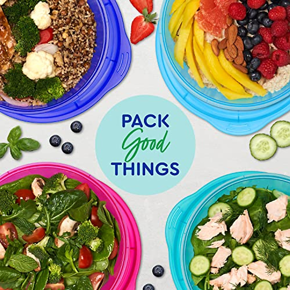 EasyLunchboxes® - Salad To-Go Containers - Reusable Bowl with Built-In, Leak-Proof Dressing Cup for Salad, Pasta, Cereal, Rice & More - Great for Work, Travel, & Meal Prep, Set of 4 (Jewel Brights)