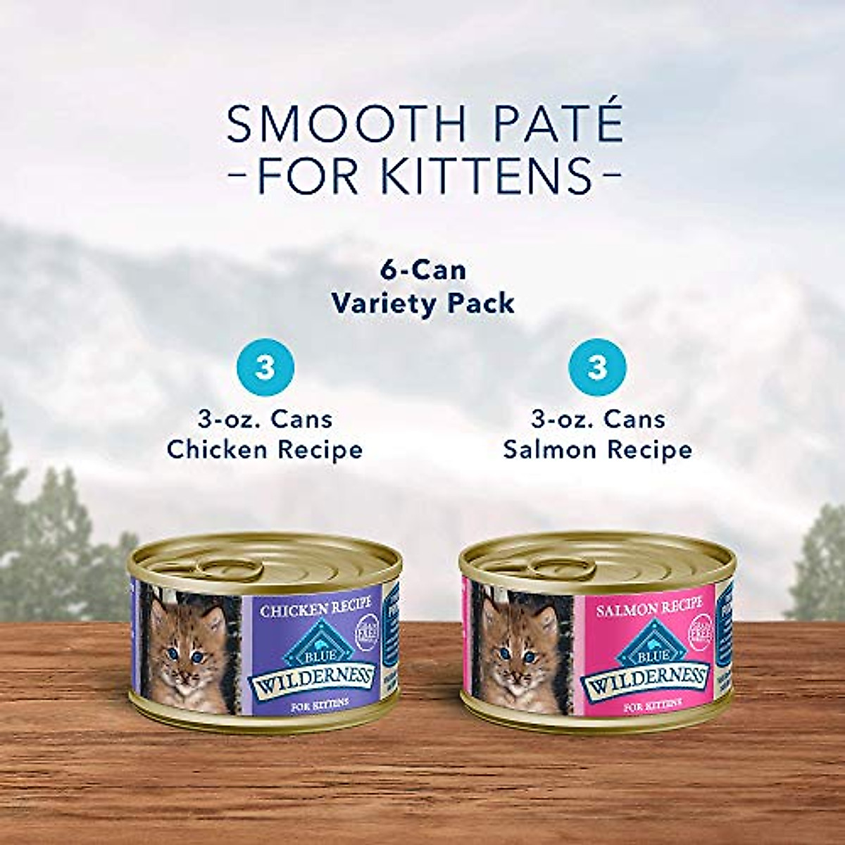 Blue Buffalo Wilderness High Protein Grain Free, Natural Kitten Pate Wet Cat Food Variety Pack, Chicken, Salmon 3-oz (6 Count- 3 of Each Flavor)