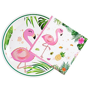 WERNNSAI Flamingo Plates and Napkins Set - Serves 50 Guests 100 PCS Hawaiian Luau Party Supplies Disposable Tableware Set Dinner Luncheon Plates Napkins for Birthday Baby Shower Wedding Party