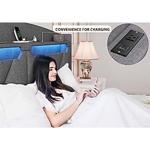 PDCOAK Full Bed Frame with Storage Headboard, Upholstered LED Bed Frame with 2 Storage Drawers Charging Station,Wood Slats Support, No Box Spring Needed, Noise Free, Grey