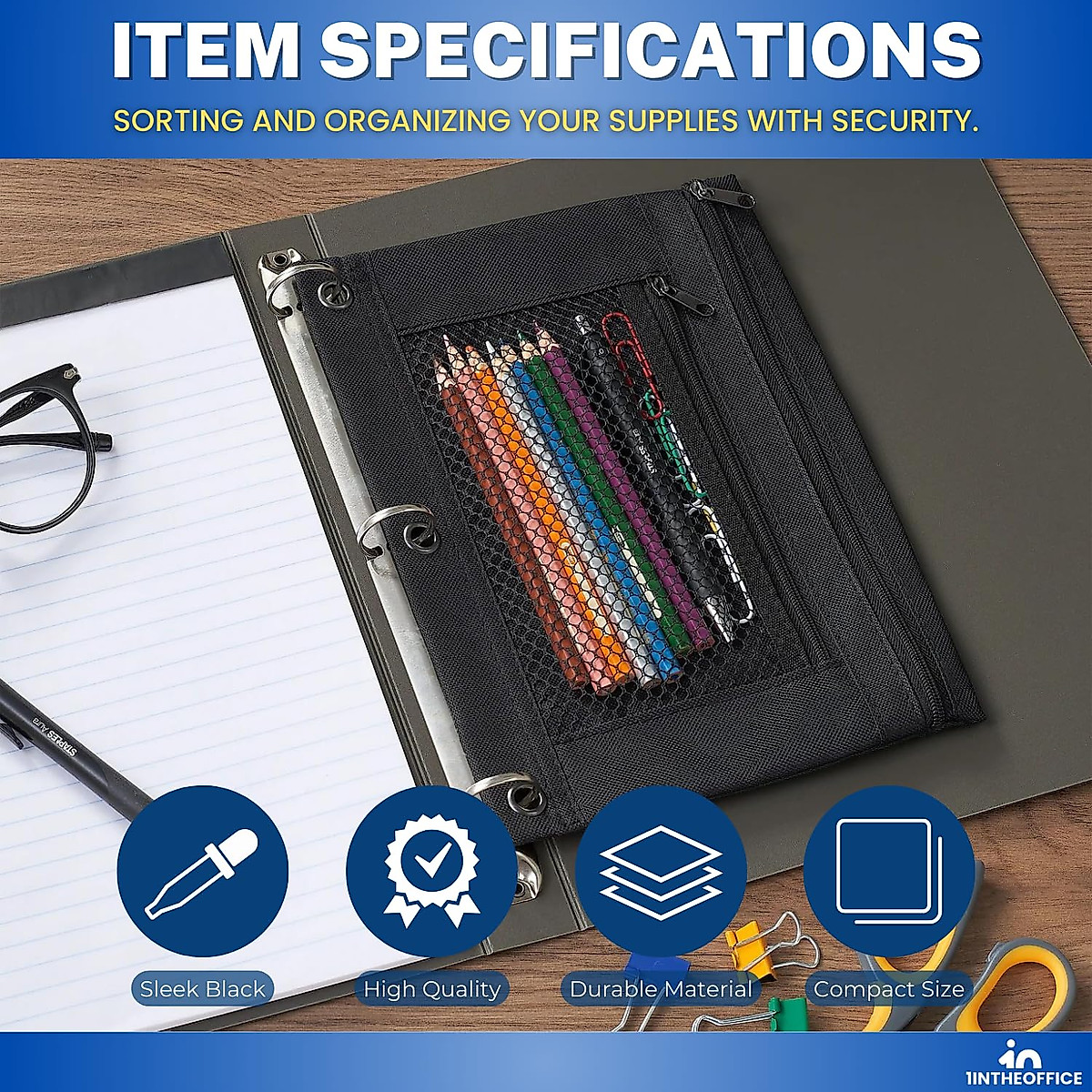 1InTheOffice Black Pencil Pouch, 3 Ring Binder Pencil Bag, Pencil Case with Double Pocket and Mesh Window, 4 Pack (Canvas Black)