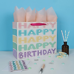 13” Large Colorful Happy Birthday Gift Bag Set with Handles, Greeting Card, Tissue Papers and Stickers for Women Girls, Words Design, 1 Pcs